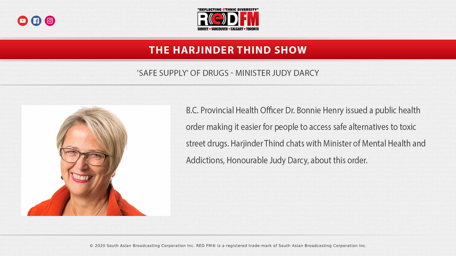 'Safe Supply' of Drugs-Minister Judy Darcy - RED 89.1FM / 93.1FM Vancouver